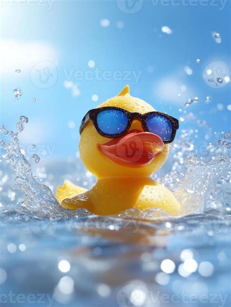 Happy Rubber Duck Wearing Sunglasses In A Splashing Bathtub Scene For