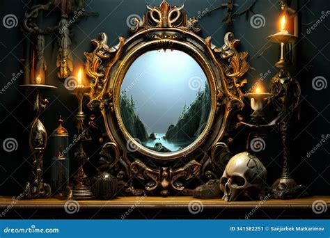 Fantasy Art A Mirror With A Fantasy Art Piece Surrounded By A Fe Stock