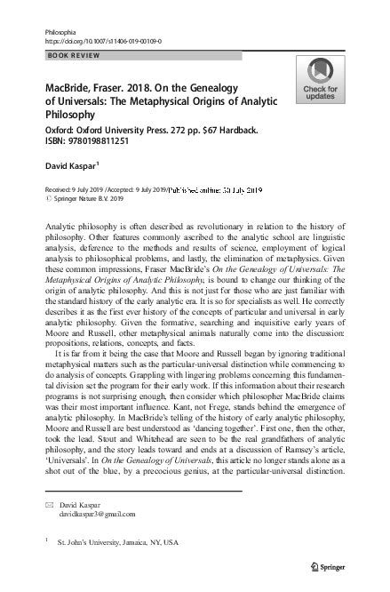 Pdf Macbride Fraser 2018 On The Genealogy Of Universals The Metaphysical Origins Of