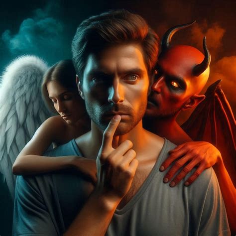 A Man With A Angel On His Head And A Devil On His Shoulder Premium Ai
