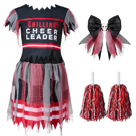 Black And Red Dreadful Cheerleader Zombie Fearleader Costume For Girls