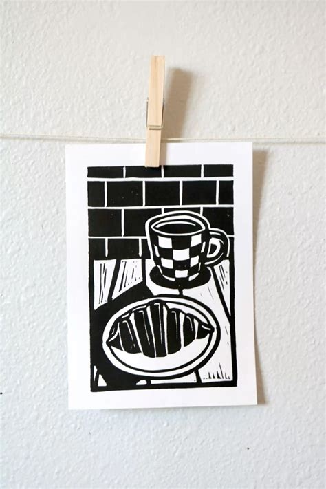 Breakfast Still Life Linocut Print ☕️ 🥐 Lino Print Black And White