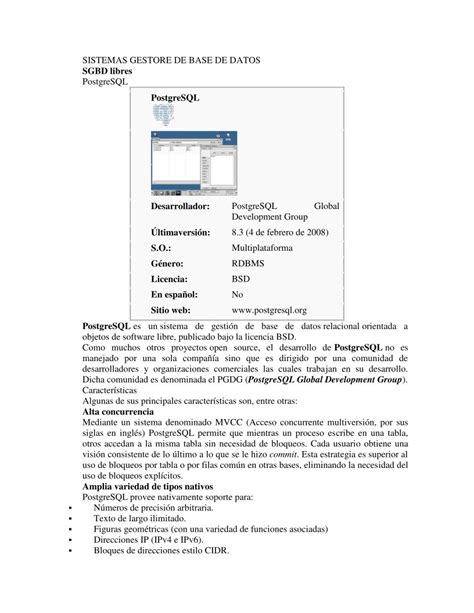 Pdf De Programación Sistemas Gestore De Base De Datos Sgbd Libres Postgresql