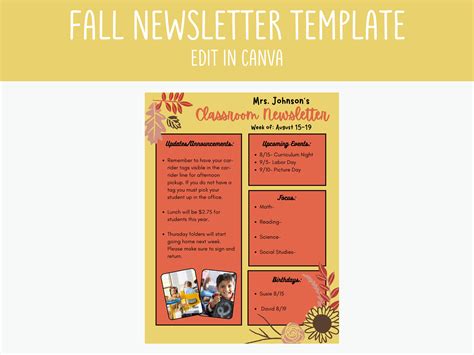 Fall Theme Classroom Newsletter Template Etsy