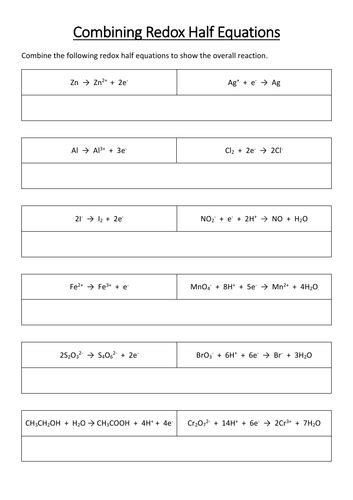 Chemistry A Level Redox Combining Half Equations Worksheet Teaching Resources