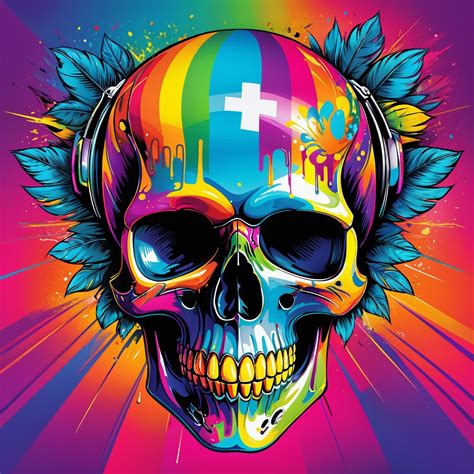 Rainbow Skull Illustration With Headphones And Flowers Deep Dream