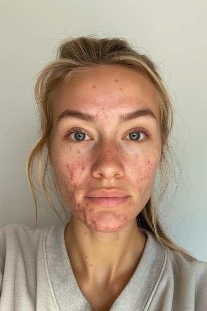 Young Woman With Acne Inflammation On Face Over Grey Background