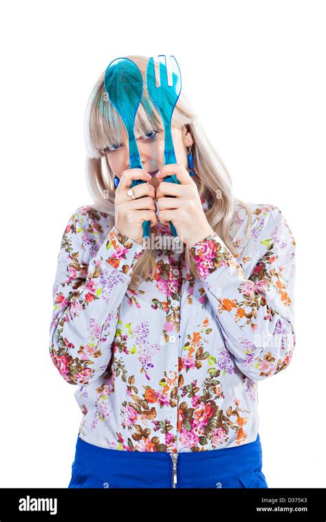 Beautiful Blond Holding Spoon And Fork Isolated On White Background