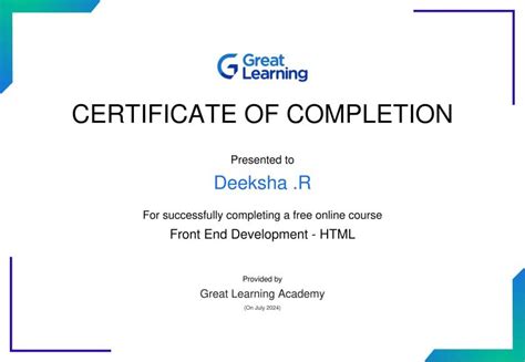 Completed Front End Development Course At Great Learning Deeksha