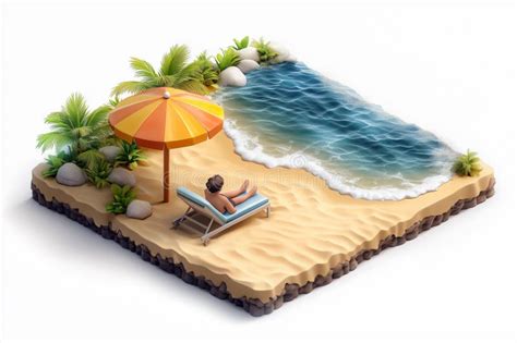 Isometric 3d Illustration Of A Person Sunbathing On A Sandy Beach With
