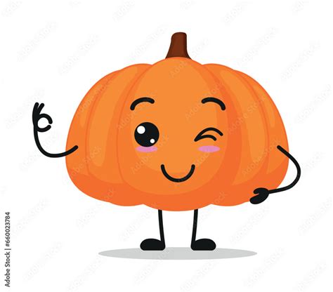 Cute Happy Pumpkin Character Funny Smiling And Wink Fruit Cartoon Emoticon In Flat Style