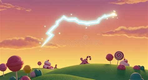 Stylized Candyland Landscape With Dramatic Sky And Lightning Bolt Effect Stock Illustration