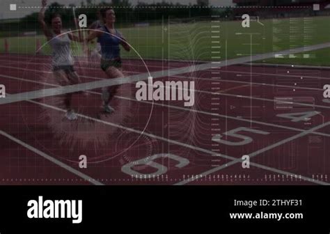 Animation Of Data Processing Scope Scanning And Analytics With Three Female Athletes Crossing