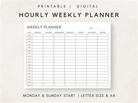 Weekly Hourly Schedule Hourly Weekly Planner Printable Hourly Planner