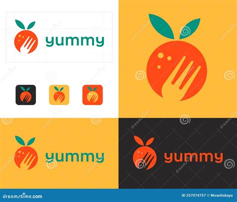 Yummy Logo Food Emblem Orange Fruit With Fork And Leaves Identity