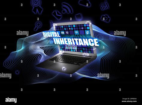 Digital Inheritance Concept Laptop And Many Different Icons On Black