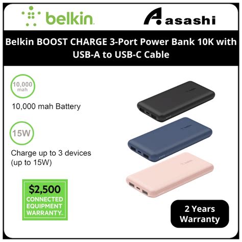 Belkin Boost Charge 3 Port Power Bank 10k Usb A To Usb C Cable