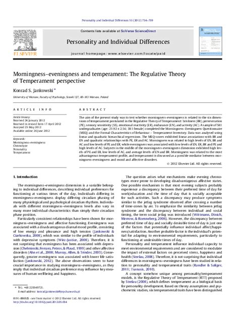 Pdf Morningness Eveningness And Temperament The Regulative Theory Of Temperament Perspective