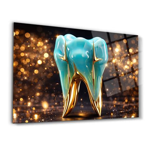 Turkuaz Ve Altın Detaylı Diş İmplantı Cam Tablo Lüks Dental Klinik Duvar Dekoru Modern Diş