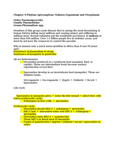 Chapter 9 Phylum Apicomplexa Chapter 9 Phylum Apicomplexa Malaria