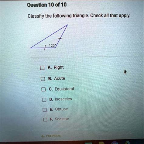 question 10 of 10 classify the following triangle check all that apply