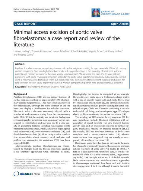 Pdf Minimal Access Excision Of Aortic Valve Fibroelastoma A Case