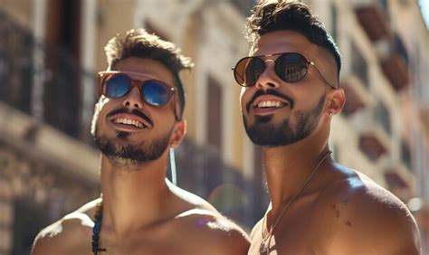 Gay Couple Handsome Arabic Latin Man In Swimwear Premium Ai Generated