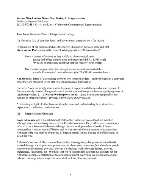Sex Desire And Fragmentation Session Nine Lecture Notes Sex