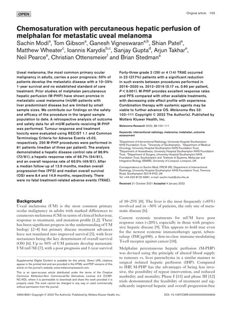 Pdf Chemosaturation With Percutaneous Hepatic Perfusion Of Melphalan For Metastatic Uveal Melanoma