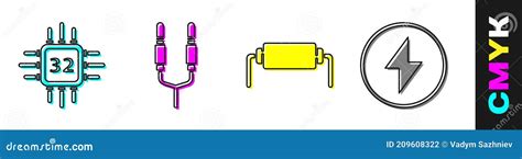 Set Processor With Microcircuits Cpu Audio Jack Resistor Electricity And Lightning Bolt Icon