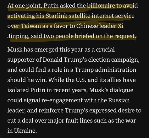 Elon Musks Secret Talks With Putin Include Starlink Over Taiwan For Xi