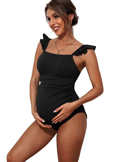 One Piece Ruffle Maternity Swimsuit Flying Collar Moderate Coverage