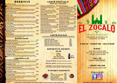 El Zocalo Mexican Restaurant Menu In Wheeling West Virginia Usa