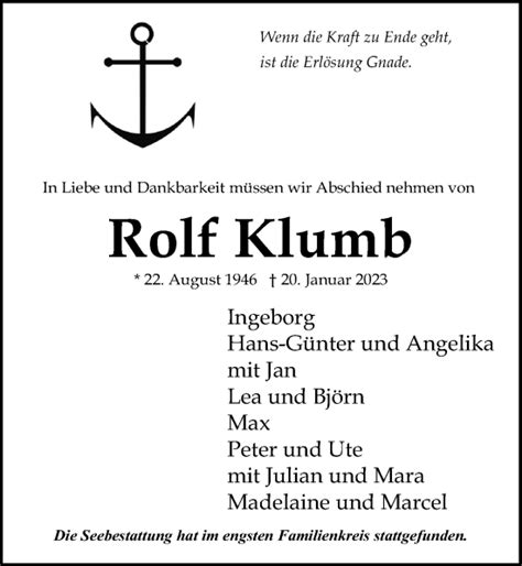 Traueranzeigen Von Rolf Klumb Trauer Anzeigende