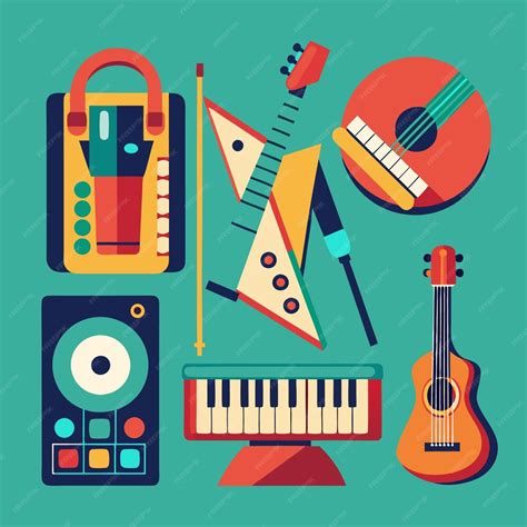 Ilustración Colorida De Un Teclado Una Guitarra Eléctrica Dos Guitarras