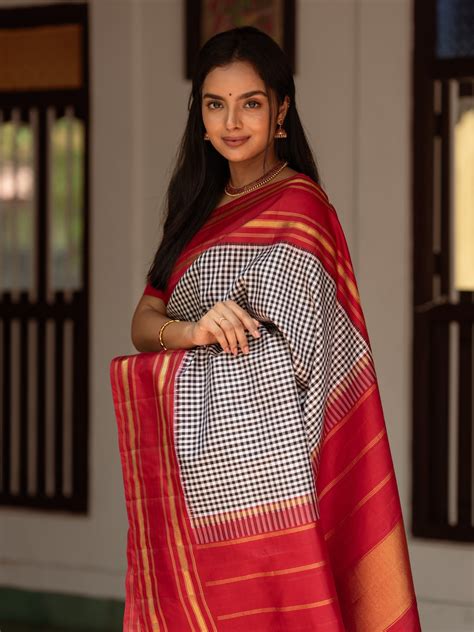 Checked Black And White Kanjeevaram Silk Saree With Red Border Tulsi