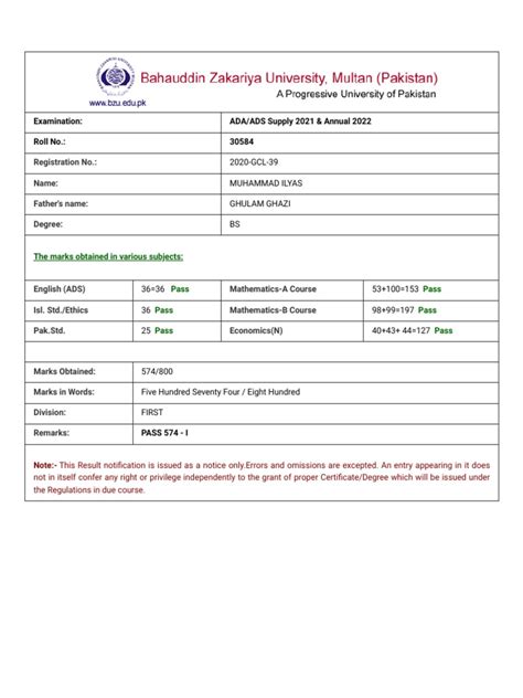 Ba Bsc Results Bzu Multan Pdf Pdf