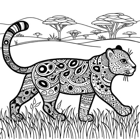 Patterned Walking Leopard In Grassland Coloring Page Lulu Pages