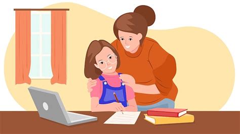 Madre Ayudando A Su Hijo Con La Ilustración De La Tarea Vector Premium