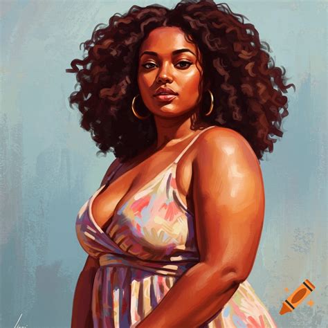 Painting Of A Curvy Woman With Curly Hair In A Floral Dress And Hoop