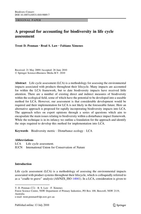Pdf A Proposal For Accounting For Biodiversity In Life Cycle Assessment