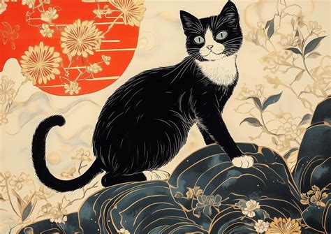 Japanese Ukiyo E Cat Art Print Set Horizontal Digital Illustration