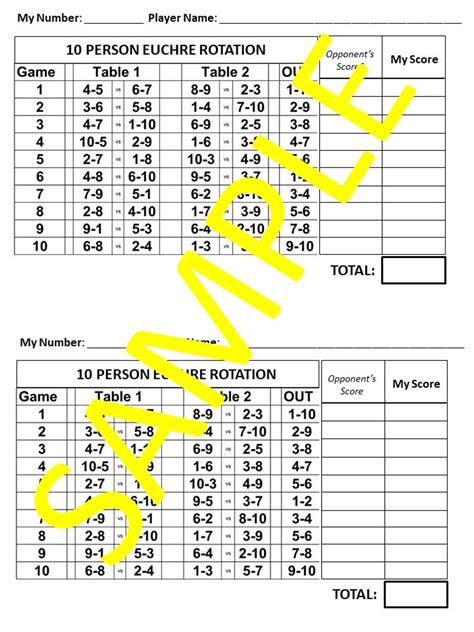 10 Person Euchre Tournament Rotation Scorecard Etsy