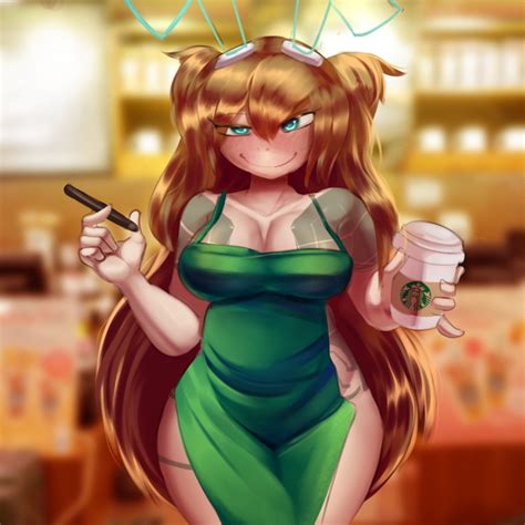 Rule 34 Apron Background Blonde Hair Blue Blurry Blush Breasts Brown Cafe Cleavage Coffee
