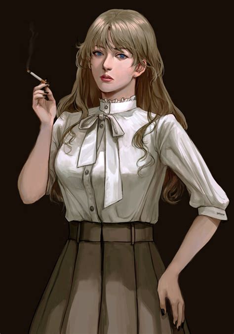 Safebooru 1girl Absurdres Black Background Black Nails Blue Eyes