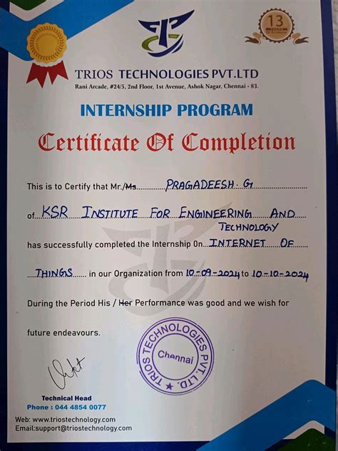 Pragadeesh G On Linkedin Hi Connectioni Have Completed My Internship At Trios Technology For 30