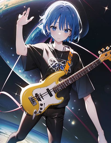 Anime Girl With Blue Hair And A Yellow Guitar In Front Of A Planet