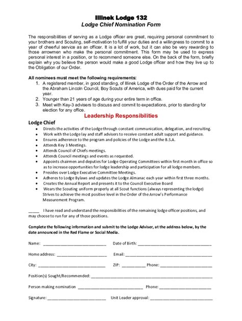 Fillable Online Illinek Lodge 132 Lodge Vice Chief Nomination Form Fax