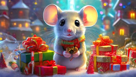 Gray Mouse With Christmas Decorations And Ts Stock Illustration