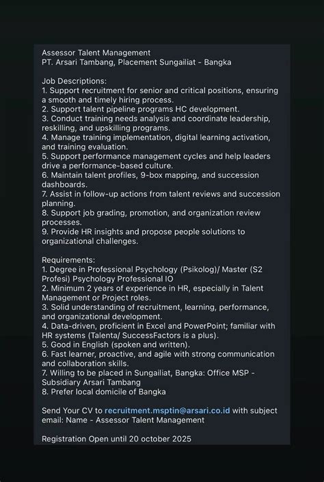 Info Loker Assesor Talent Management Pt Arsari Tambang Bangka